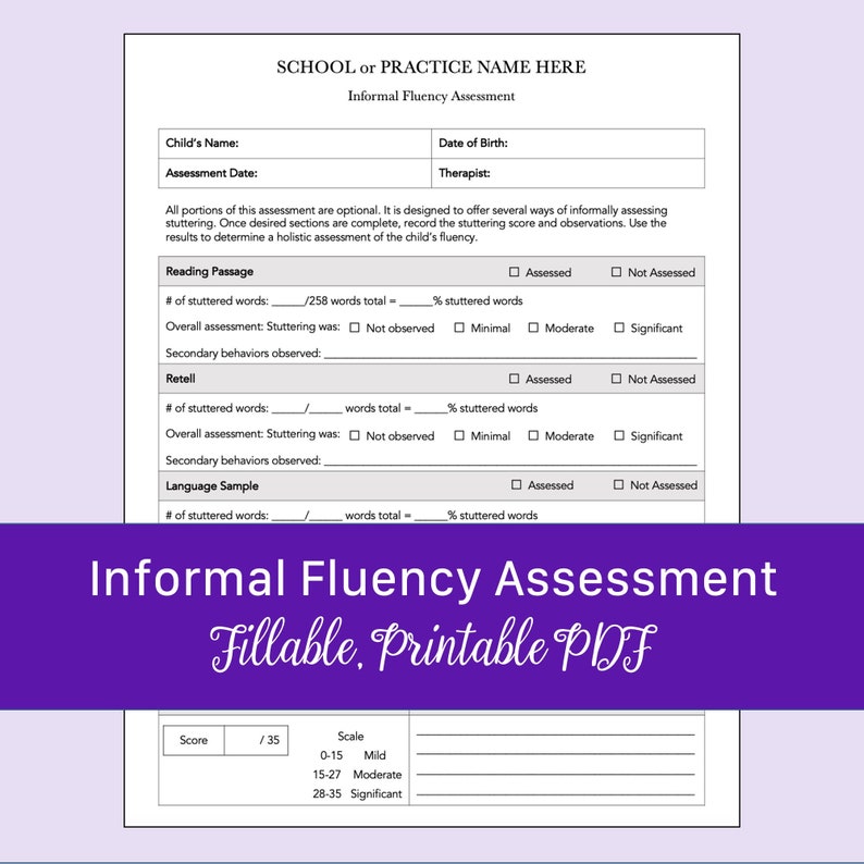 Informal Fluency Assessment for Speech Therapy | Editable, Fillable ...