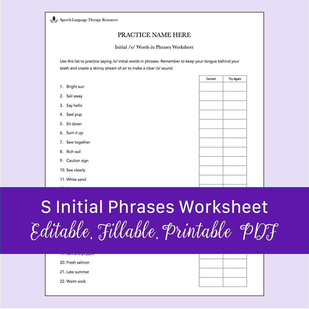 Initial /s/ Words in Phrases Worksheet for Speech Therapy | Printable ...