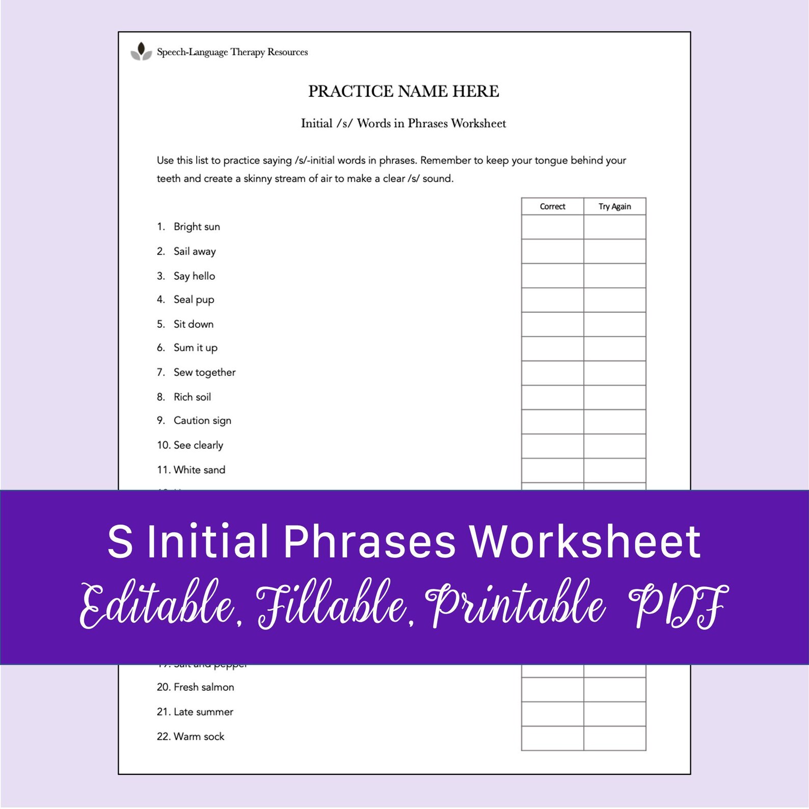 Initial /s/ Words in Phrases Worksheet for Speech Therapy | Printable ...