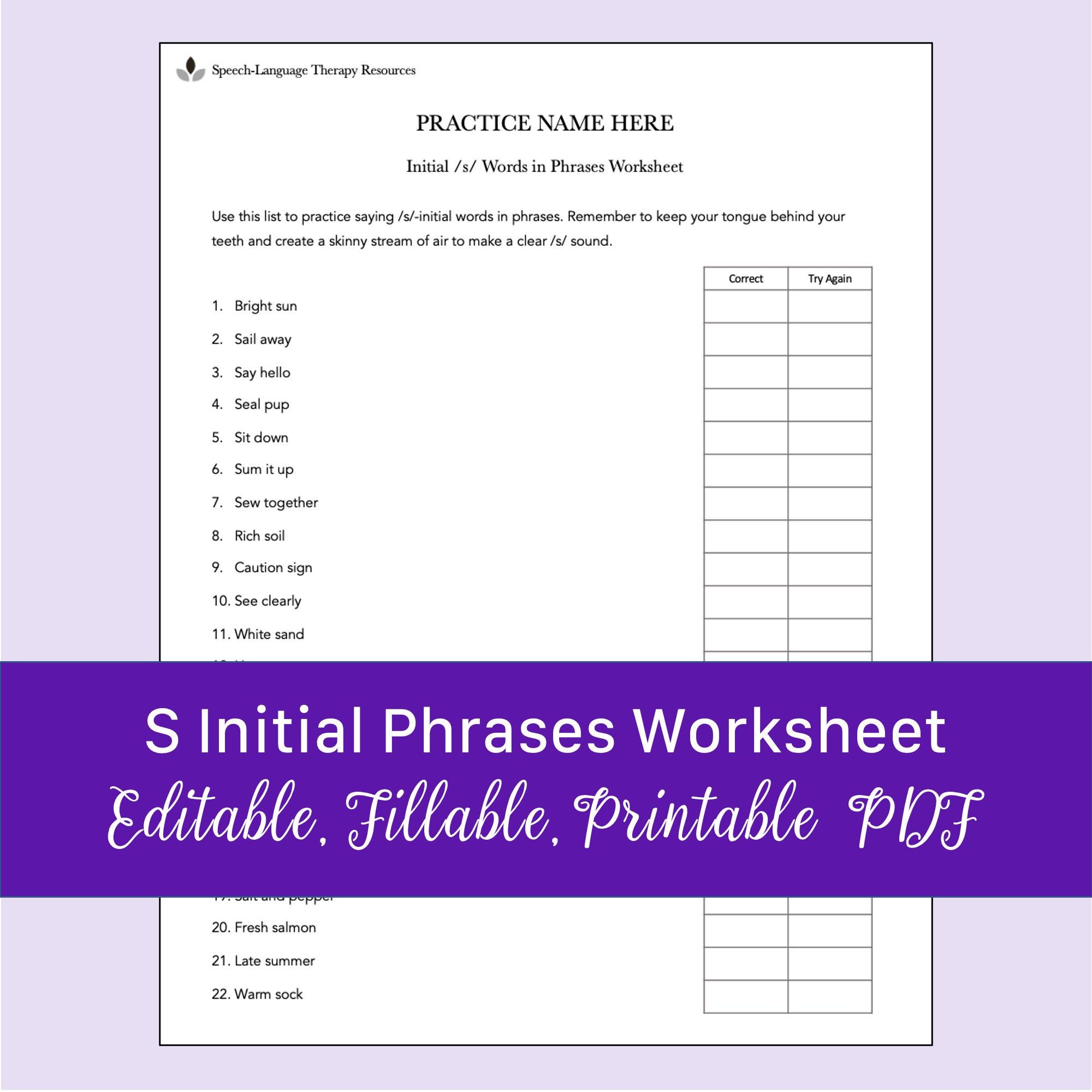 Initial /s/ Words in Phrases Worksheet for Speech Therapy | Printable ...