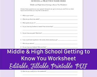 Middle School Getting to Know You Worksheet for Speech Therapy ...