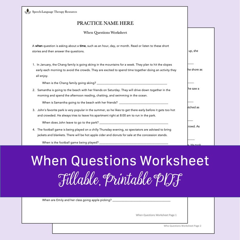 When Questions Speech Therapy Worksheet | Fillable, Printable PDF - Etsy