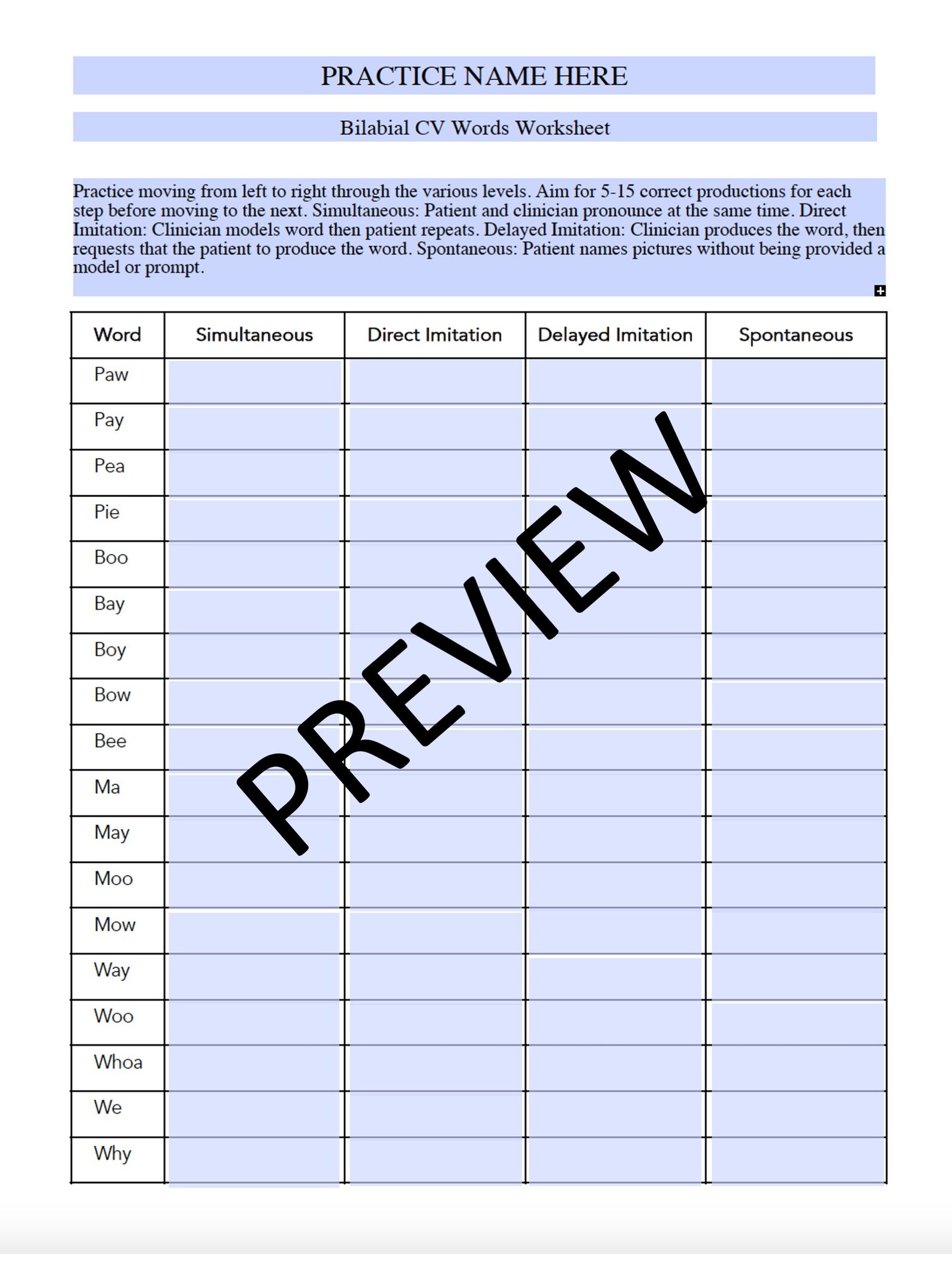 Bilabial CV Words Worksheet for Apraxia | Fillable, Printable PDF - Etsy
