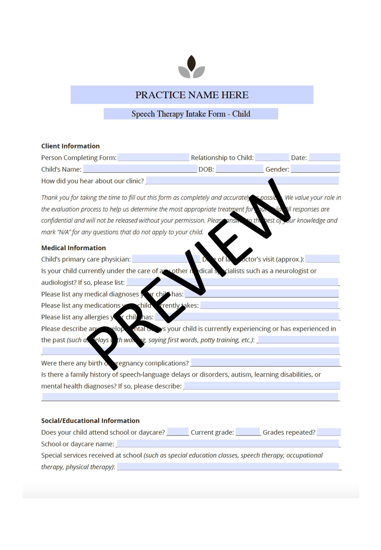 Speech Therapy Intake Form - Child | Editable, Fillable, Printable - Etsy