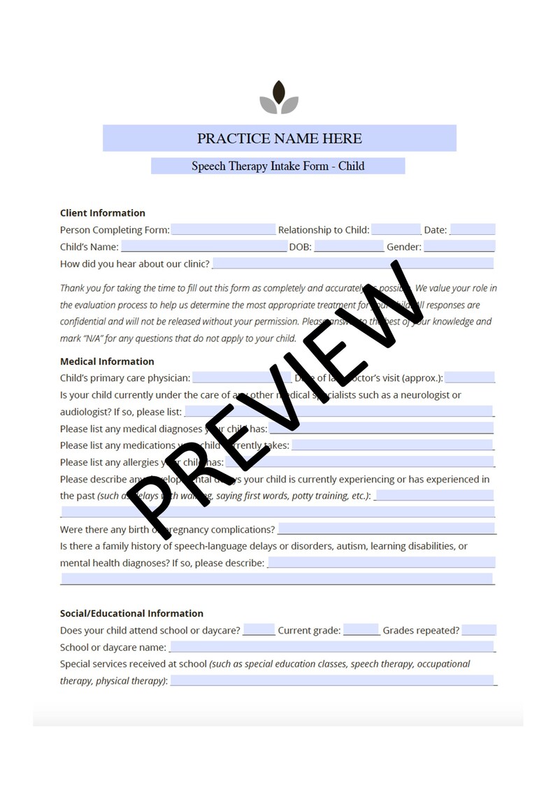 Speech Therapy Intake Form - Child | Editable, Fillable, Printable - Etsy