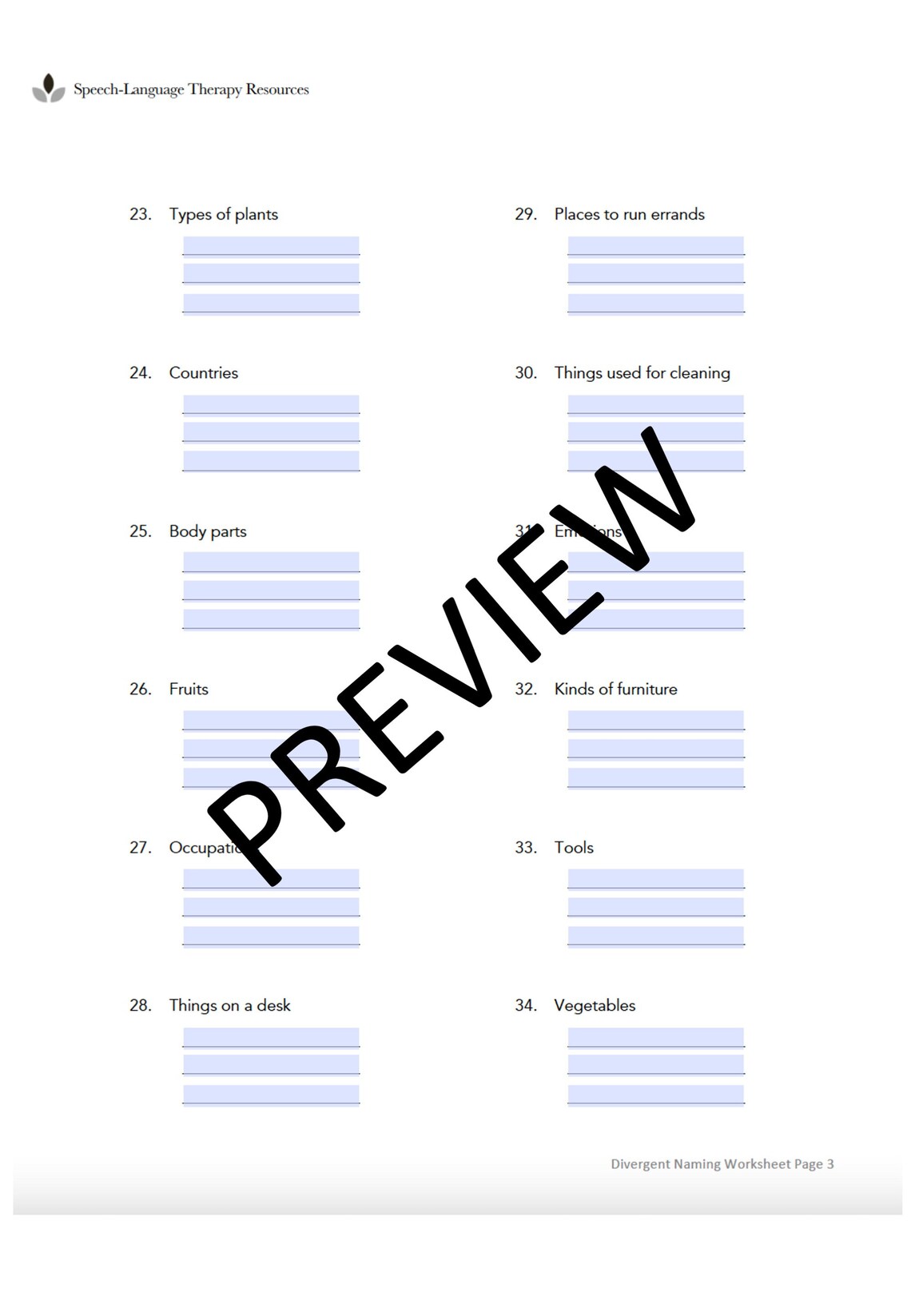 Divergent Naming Worksheet for Aphasia Speech Therapy | Fillable ...