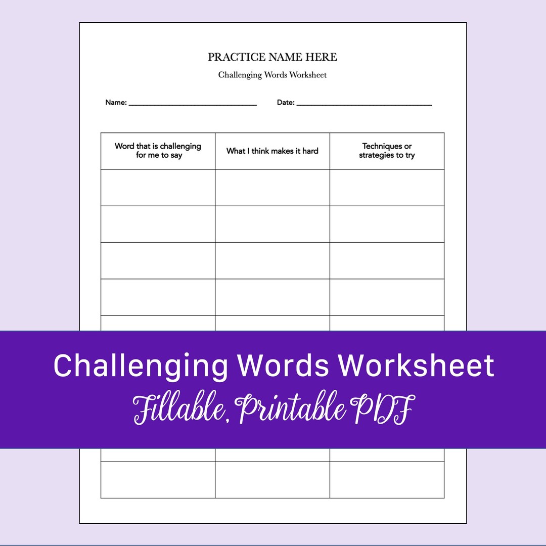 Challenging Words Worksheet for Stuttering Therapy | Fillable ...