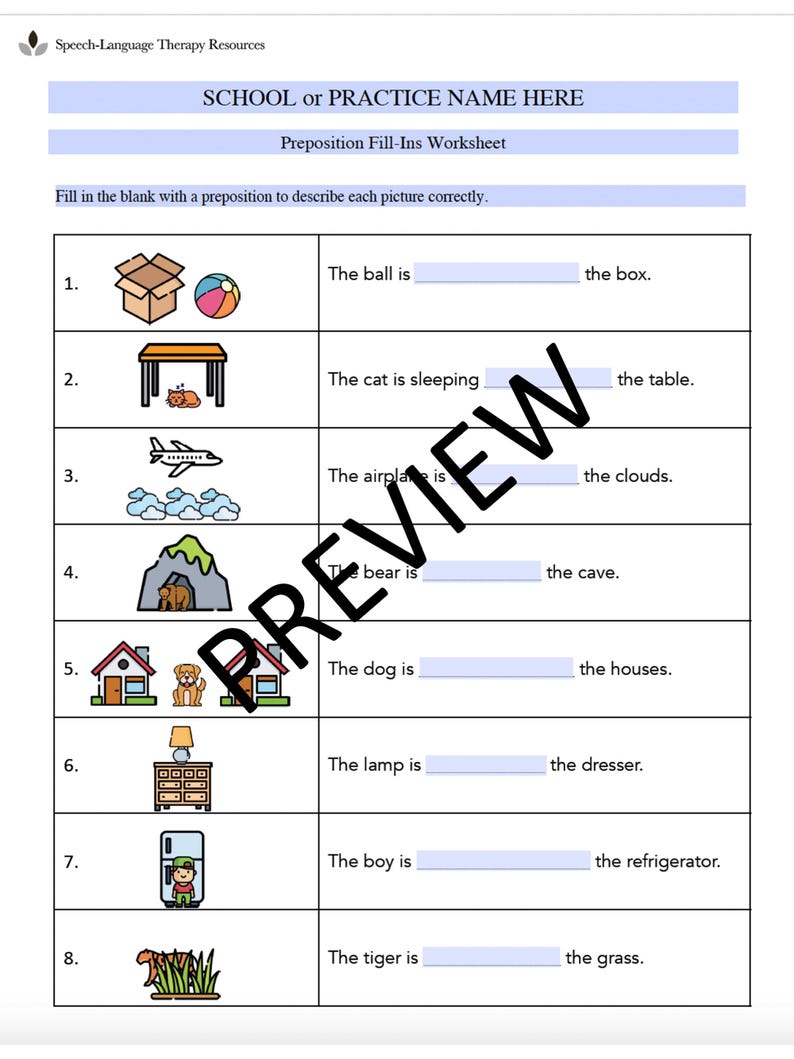 Preposition Fill-ins Worksheet for Speech Therapy | Fillable, Printable ...
