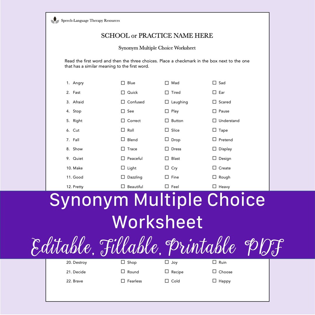 Synonym Multiple Choice Worksheet for Speech Therapy | Fillable ...