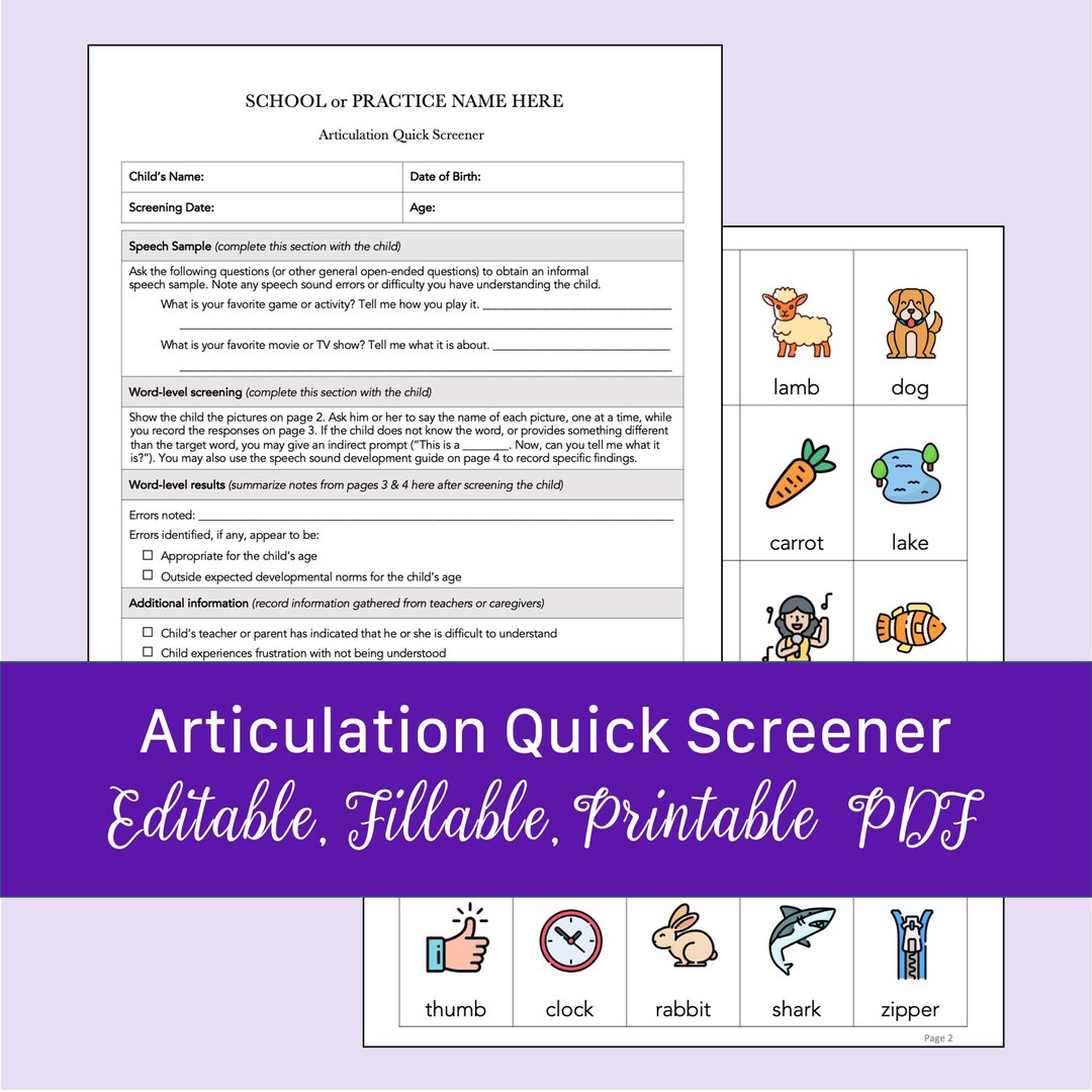 Articulation Quick Screener for Speech Therapy | Fillable, Printable ...
