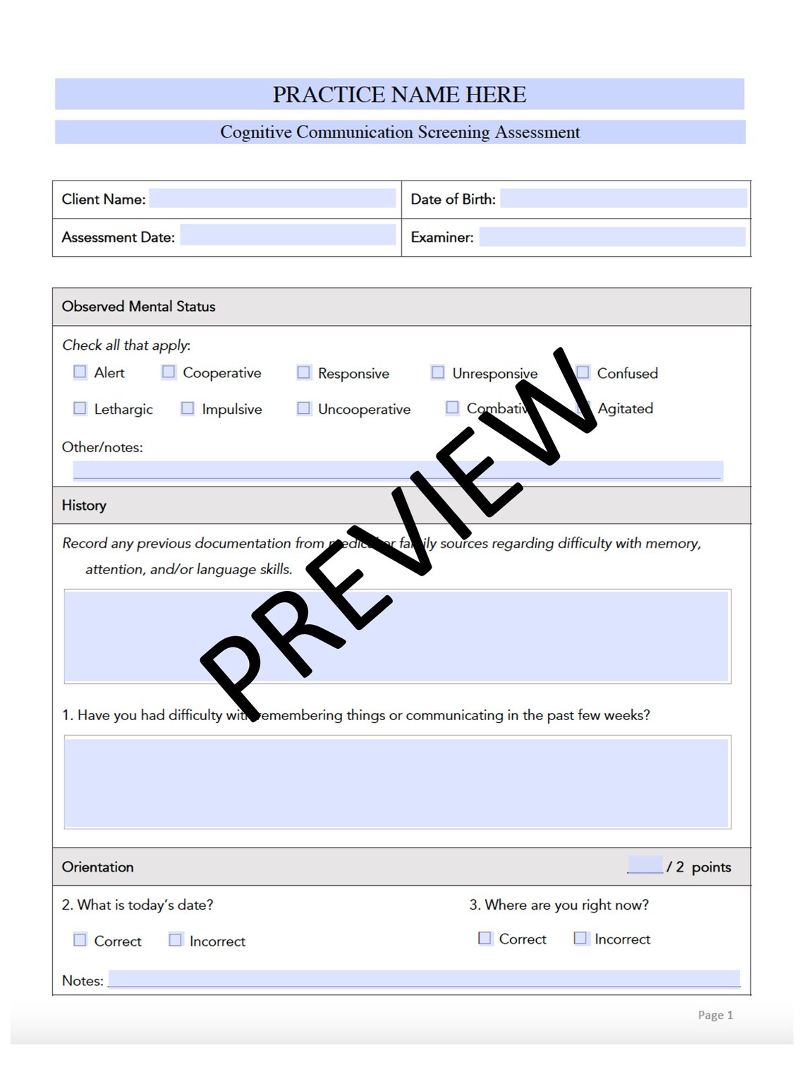 Cognitive Communication Screening Assessment | Fillable, Printable PDF ...
