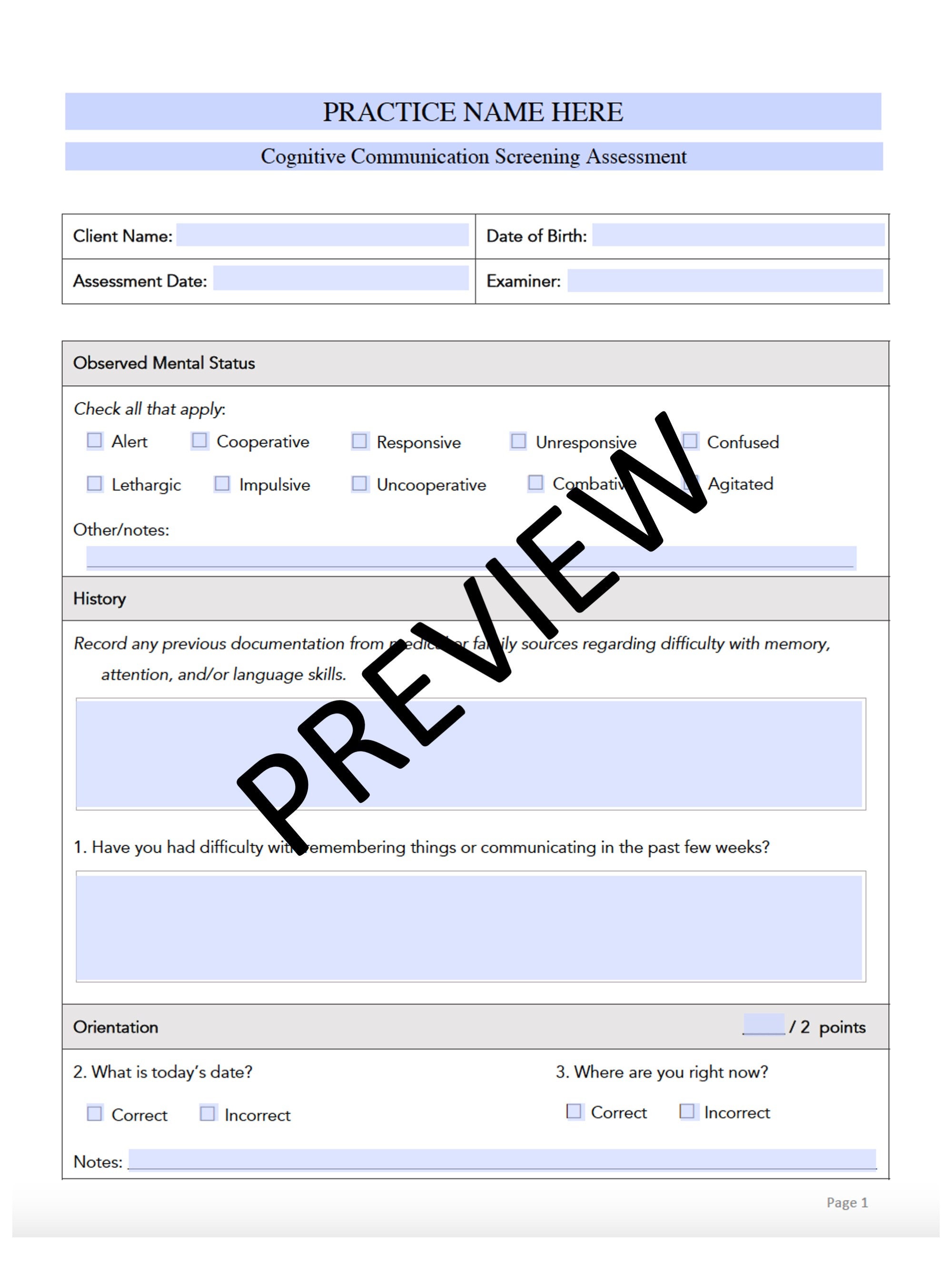 Cognitive Communication Screening Assessment | Fillable, Printable PDF ...