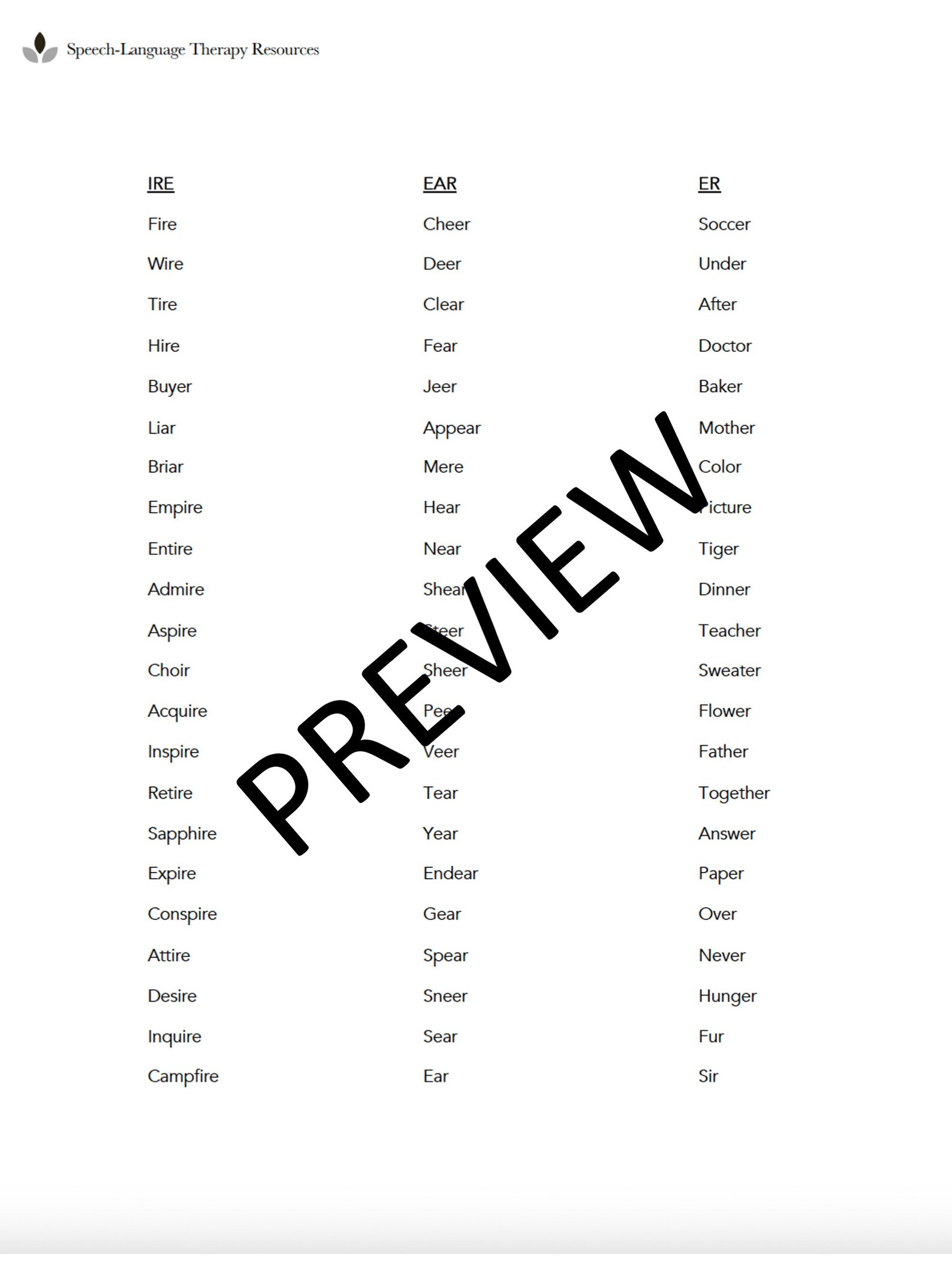 Final /r/ Words Practice List Speech Therapy Resource | Printable PDF ...