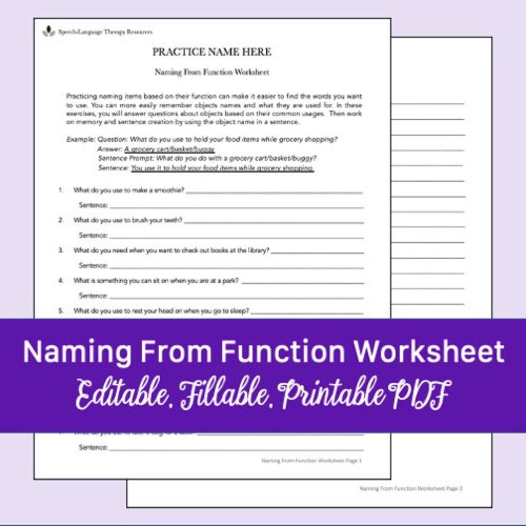 Aphasia Worksheet - Naming From Function - Fillable PDF W Editable ...