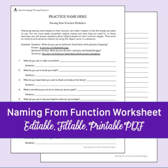 Aphasia Worksheet Naming From Function Fillable PDF W - Etsy