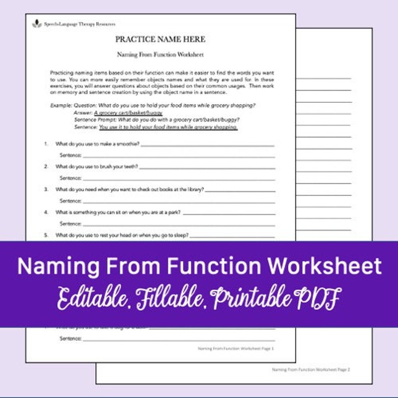 Aphasia Worksheet - Naming From Function - Fillable PDF W Editable ...
