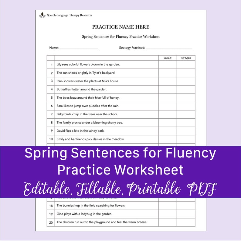 Spring Sentences for Fluency Practice Worksheet | Editable, Fillable ...