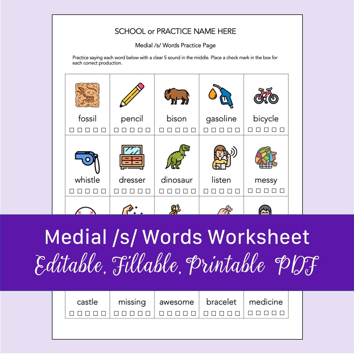 Medial /s/ Words Worksheet for Speech Therapy Fillable PDF With ...