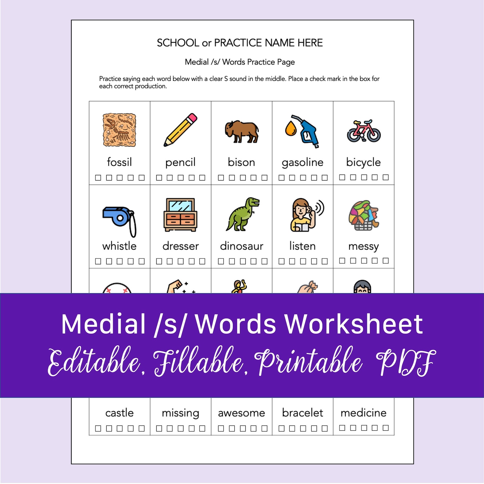 Medial /s/ Words Worksheet for Speech Therapy | Fillable PDF With ...