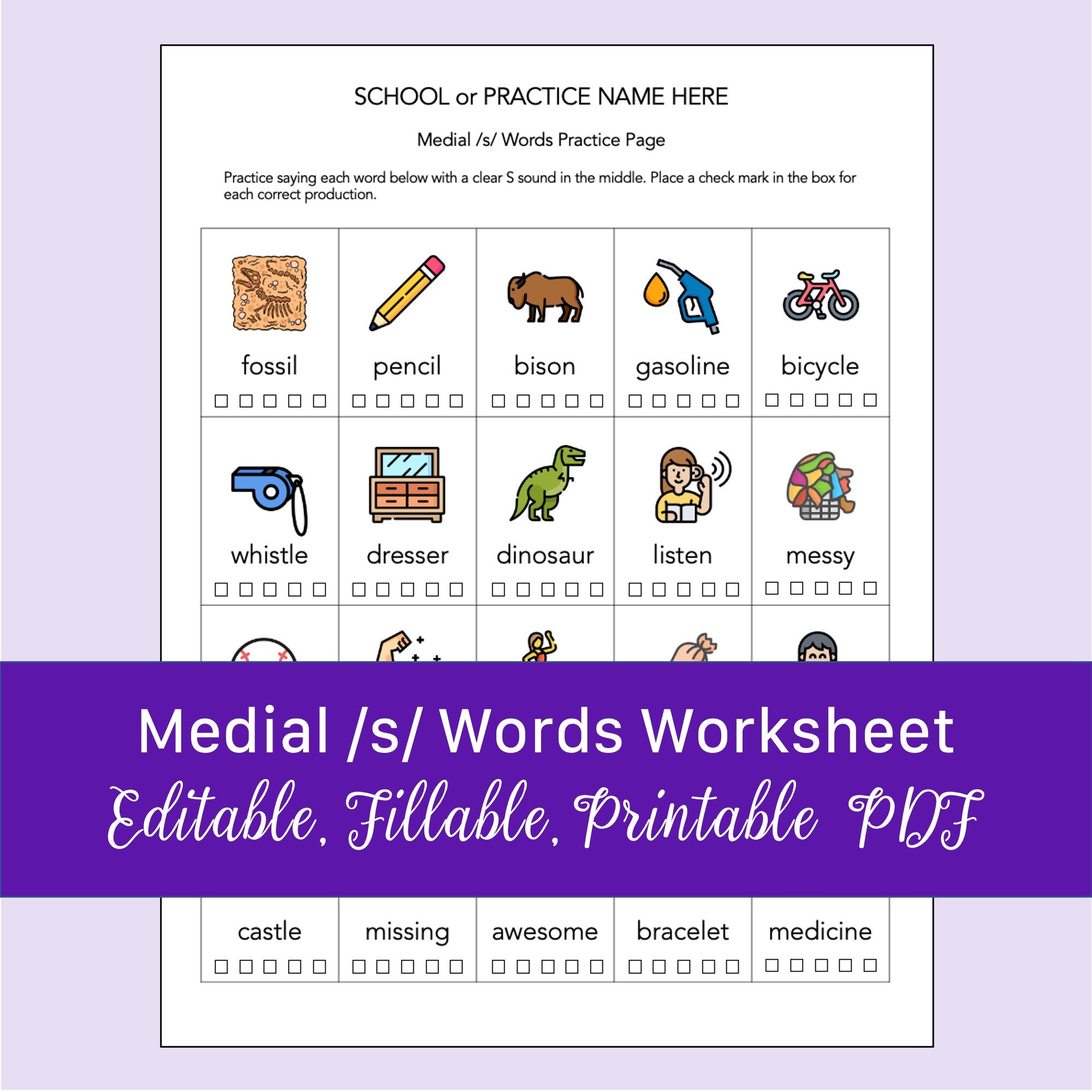 Medial /s/ Words Worksheet for Speech Therapy | Fillable PDF With ...