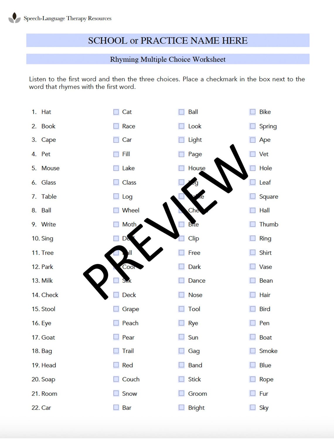 Rhyming Multiple Choice Worksheet for Speech Therapy | Fillable ...