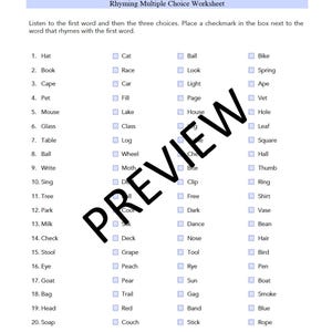 Rhyming Multiple Choice Worksheet for Speech Therapy | Fillable ...