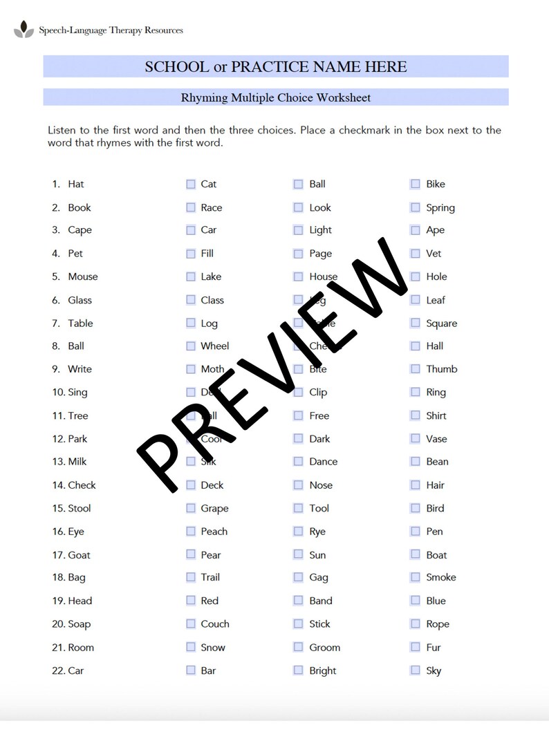 Rhyming Multiple Choice Worksheet for Speech Therapy | Fillable ...