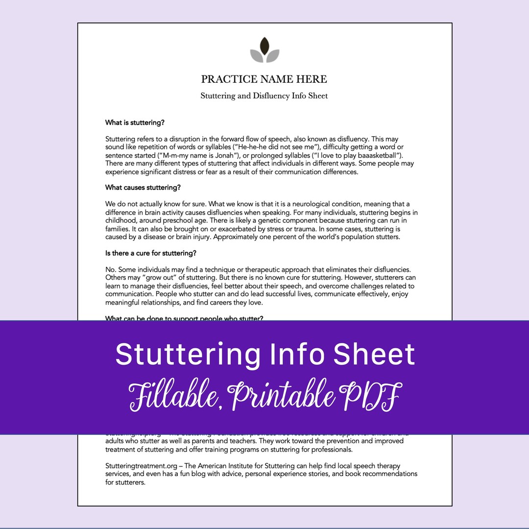 Stuttering and Disfluency Info Sheet for Speech Therapy | Editable PDF ...