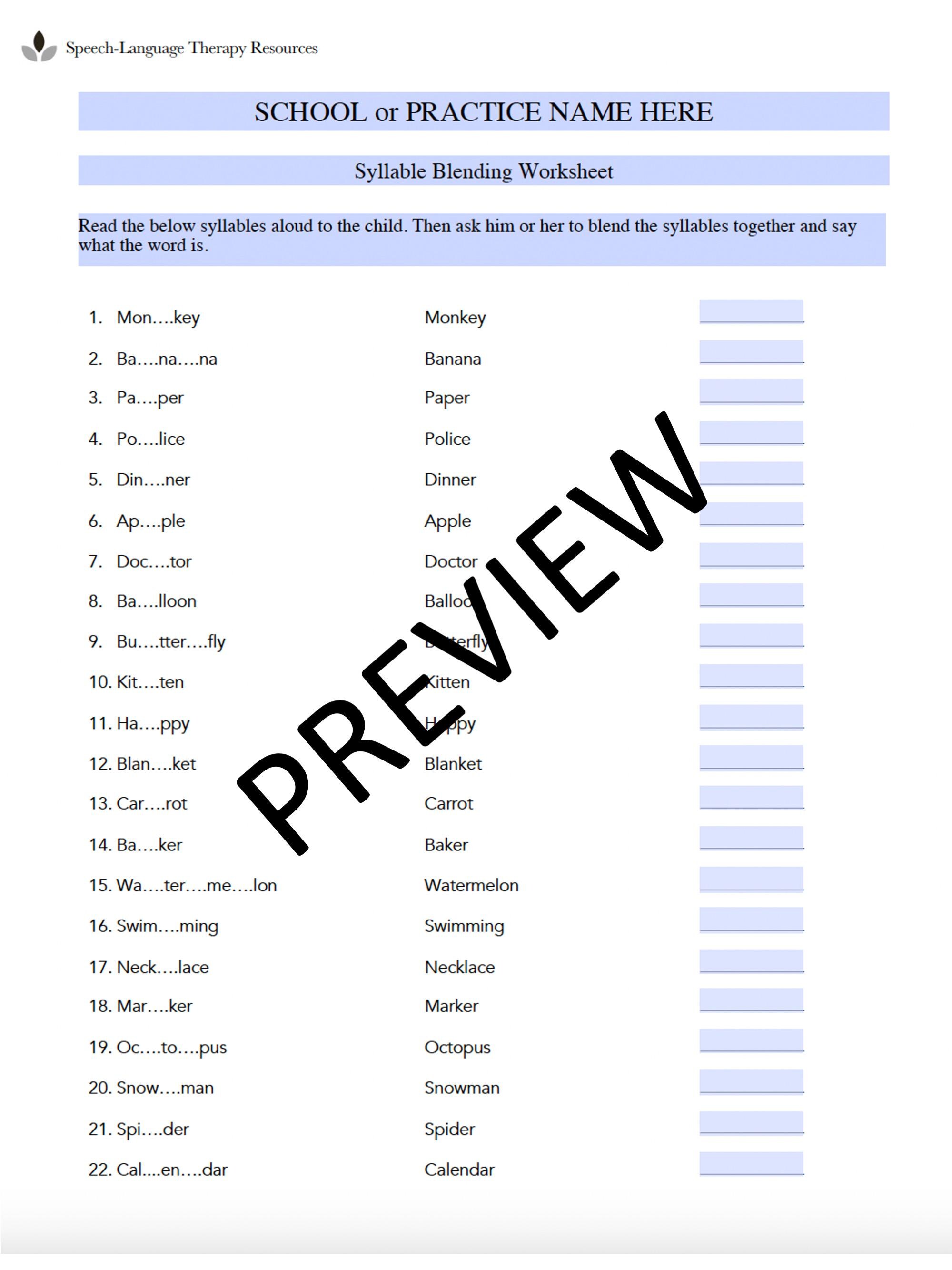 Syllable Blending Worksheet for Speech Therapy | Fillable, Printable ...