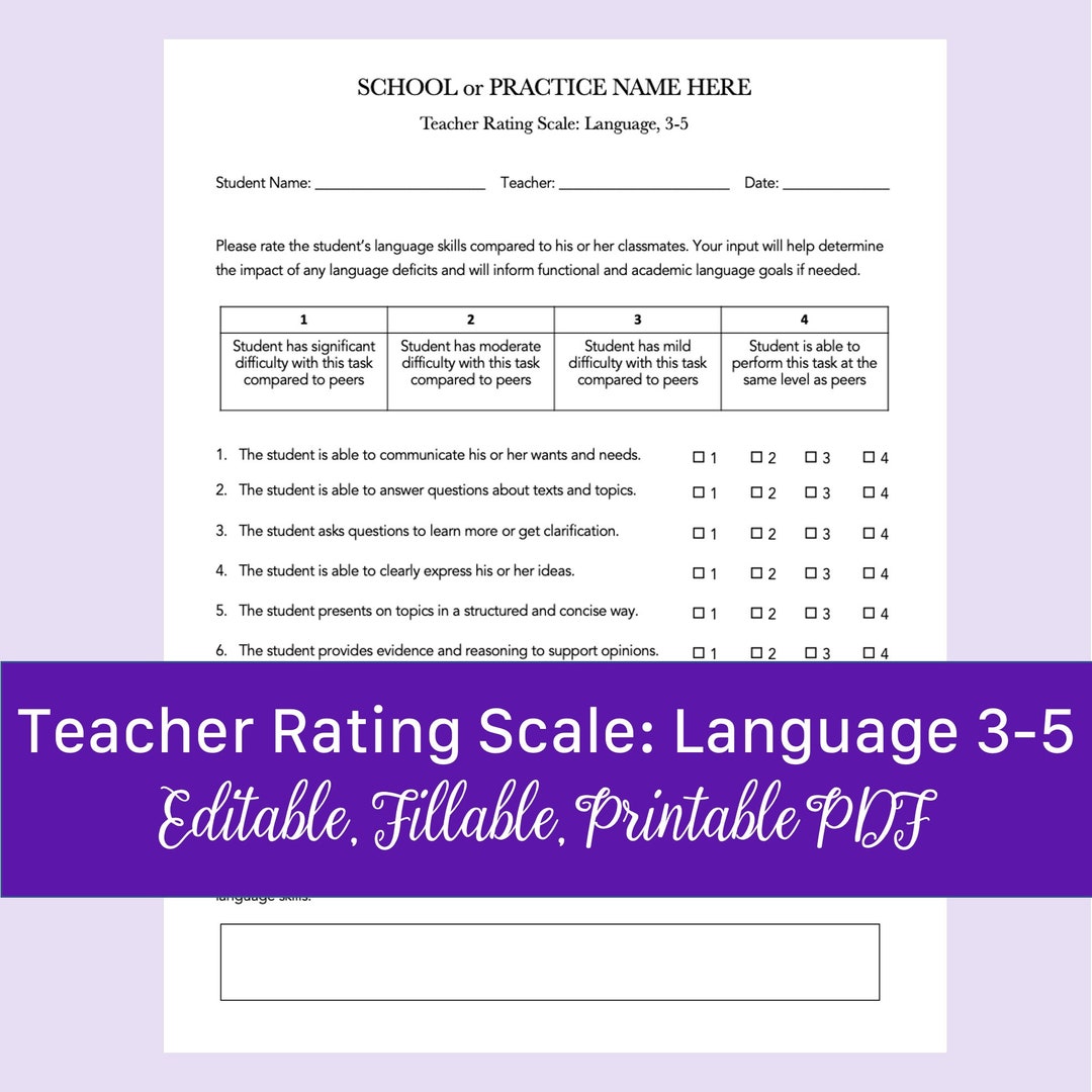 Teacher Rating Scale: Language, Grades 3-5 for Speech Therapy ...