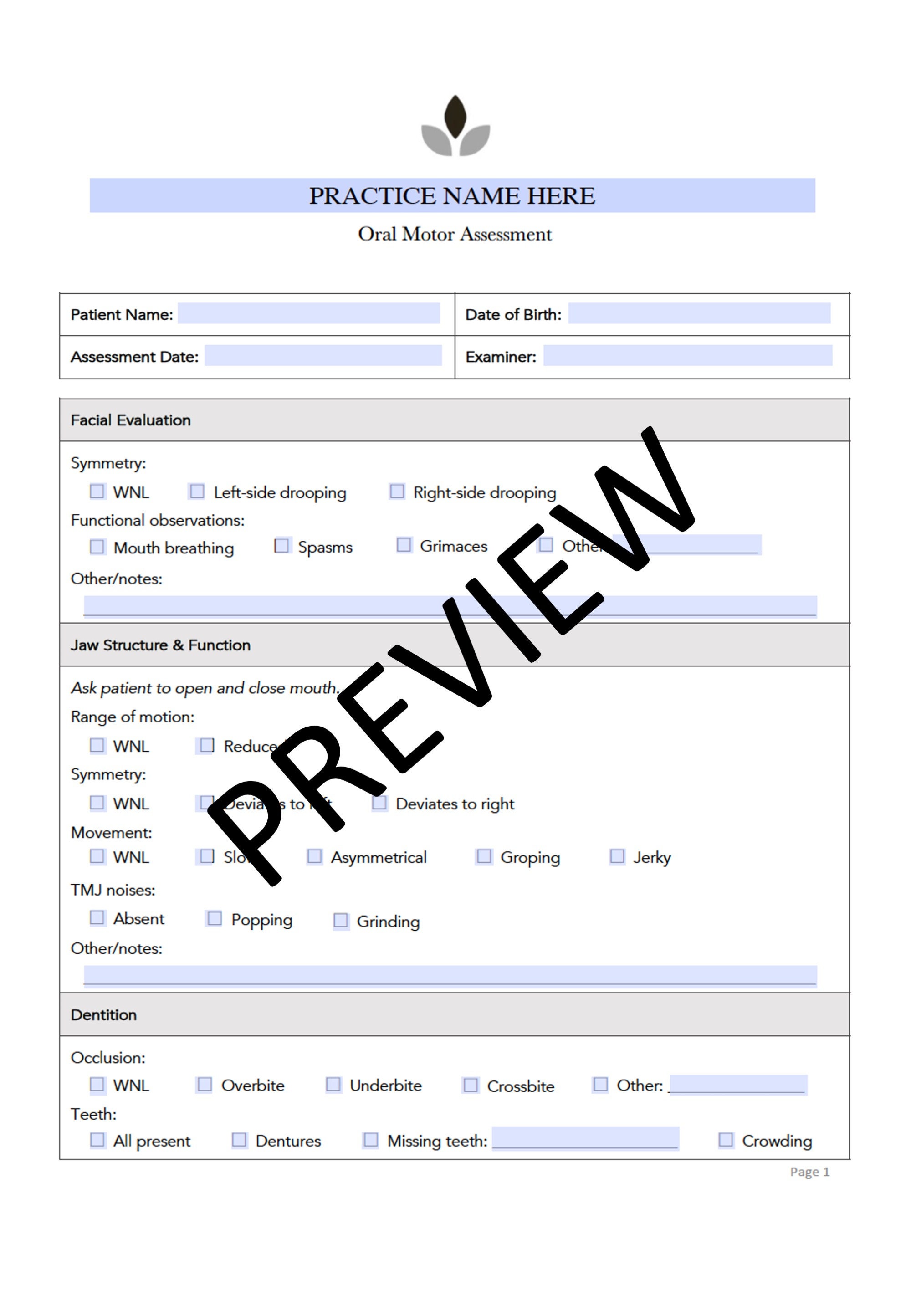 Oral Motor Assessment for Speech Therapy | Fillable, Printable PDF - Etsy