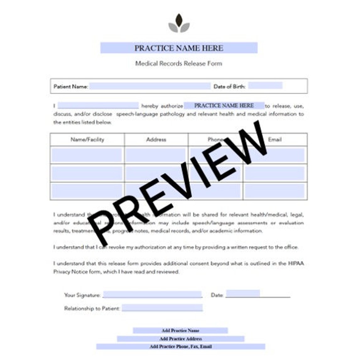 Speech Therapy Medical Records Release Form | Editable, Fillable ...