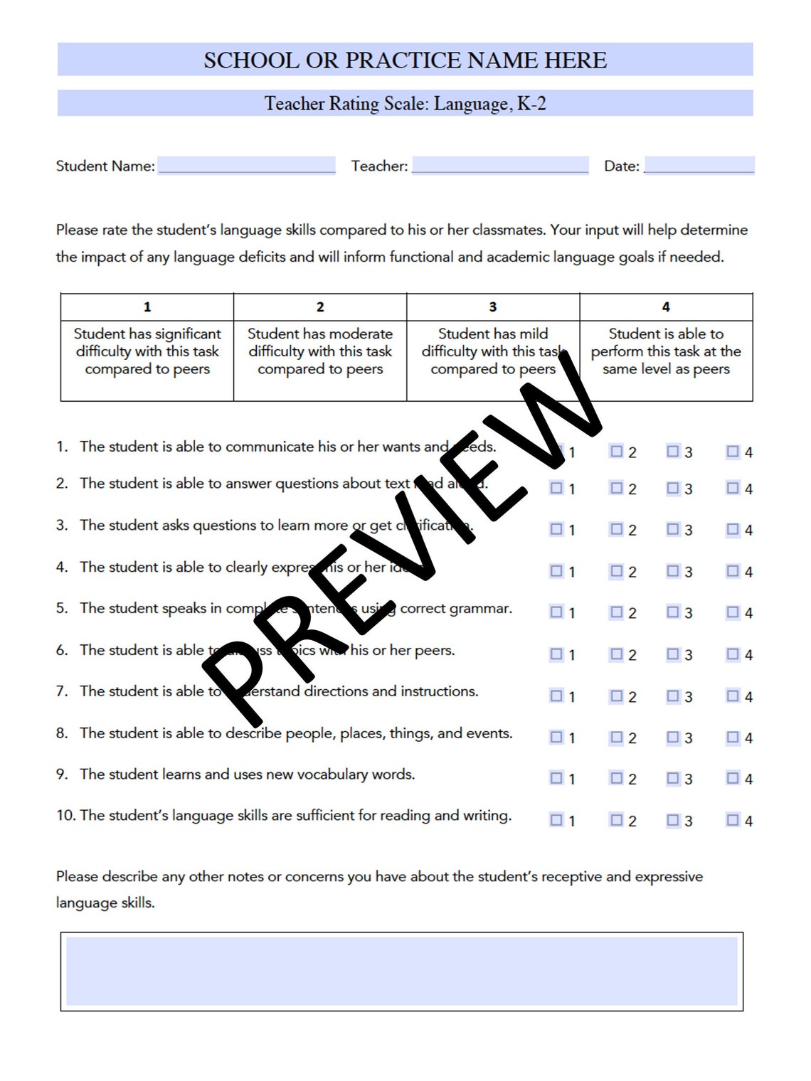 Teacher Rating Scale: Language, K-2 for Speech Therapy | Fillable ...