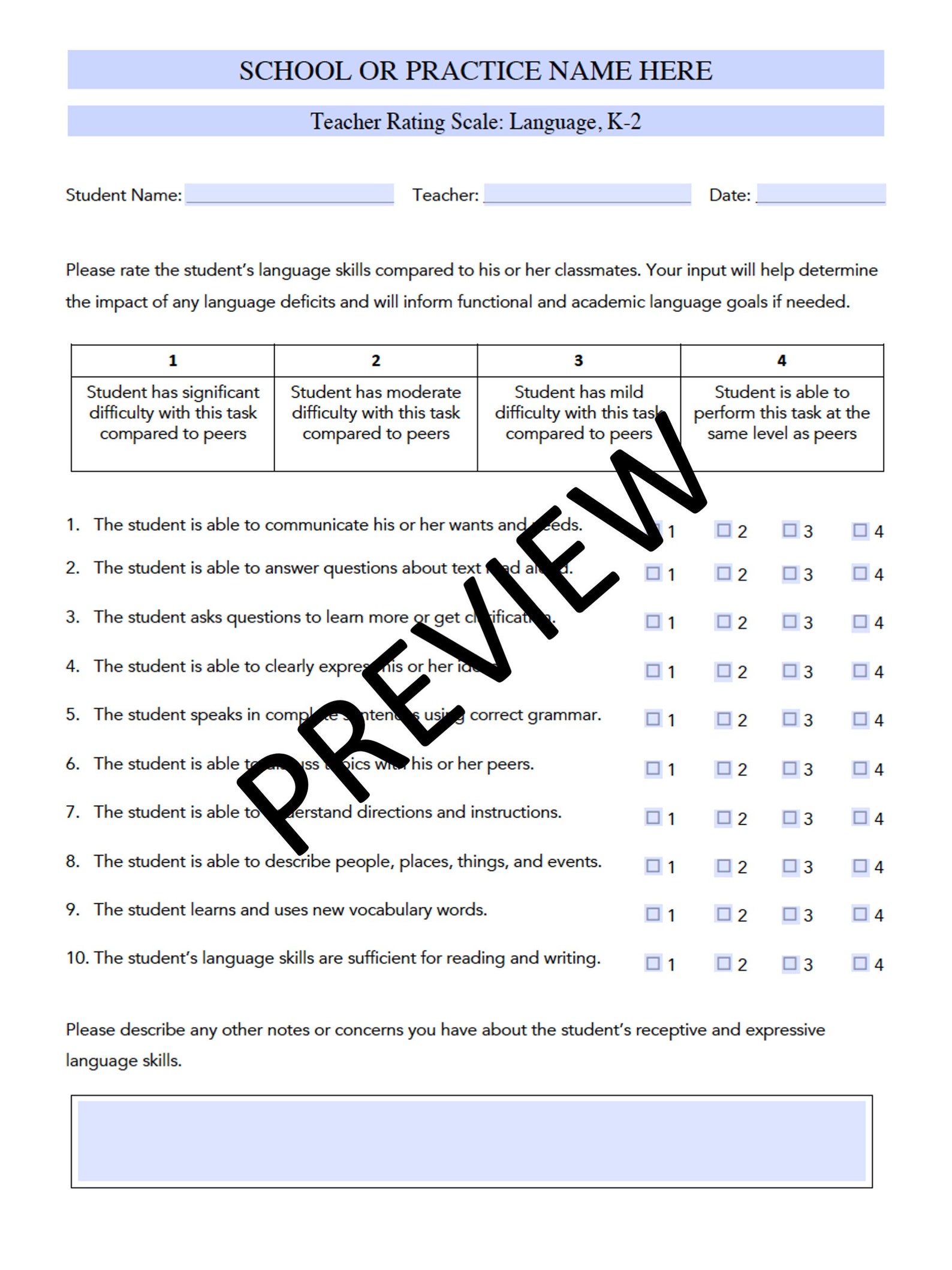 Teacher Rating Scale: Language, K-2 for Speech Therapy | Fillable ...