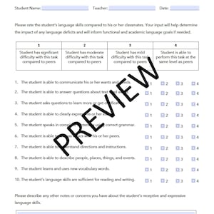 Teacher Rating Scale: Language, K-2 for Speech Therapy | Fillable ...