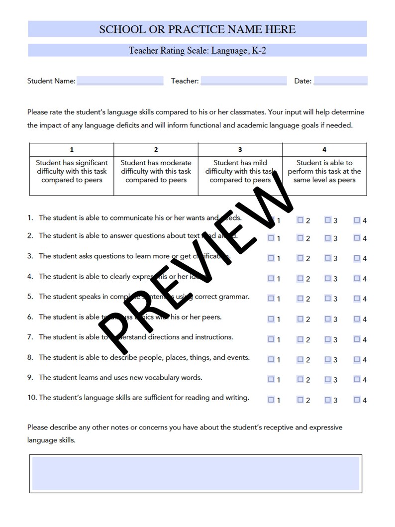 Teacher Rating Scale: Language, K-2 for Speech Therapy | Fillable ...