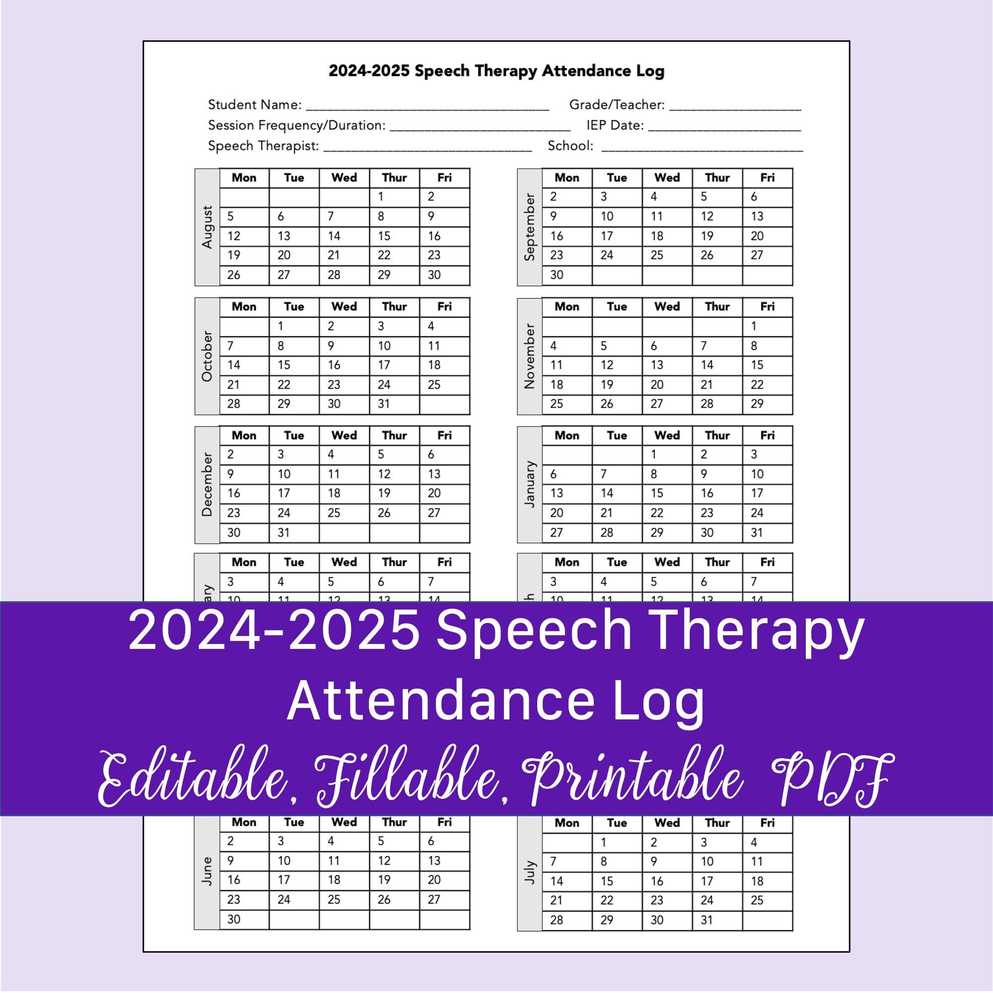 Speech Therapy Attendance Log 2024-2025 School Year Fillable, Printable ...