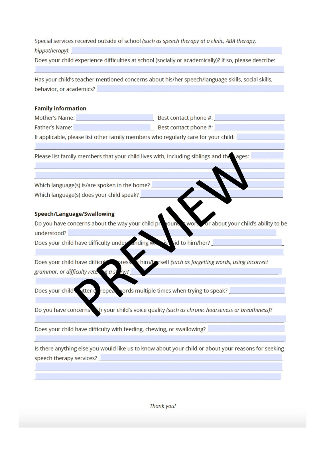 Speech Therapy Intake Form - Child | Editable, Fillable, Printable - Etsy