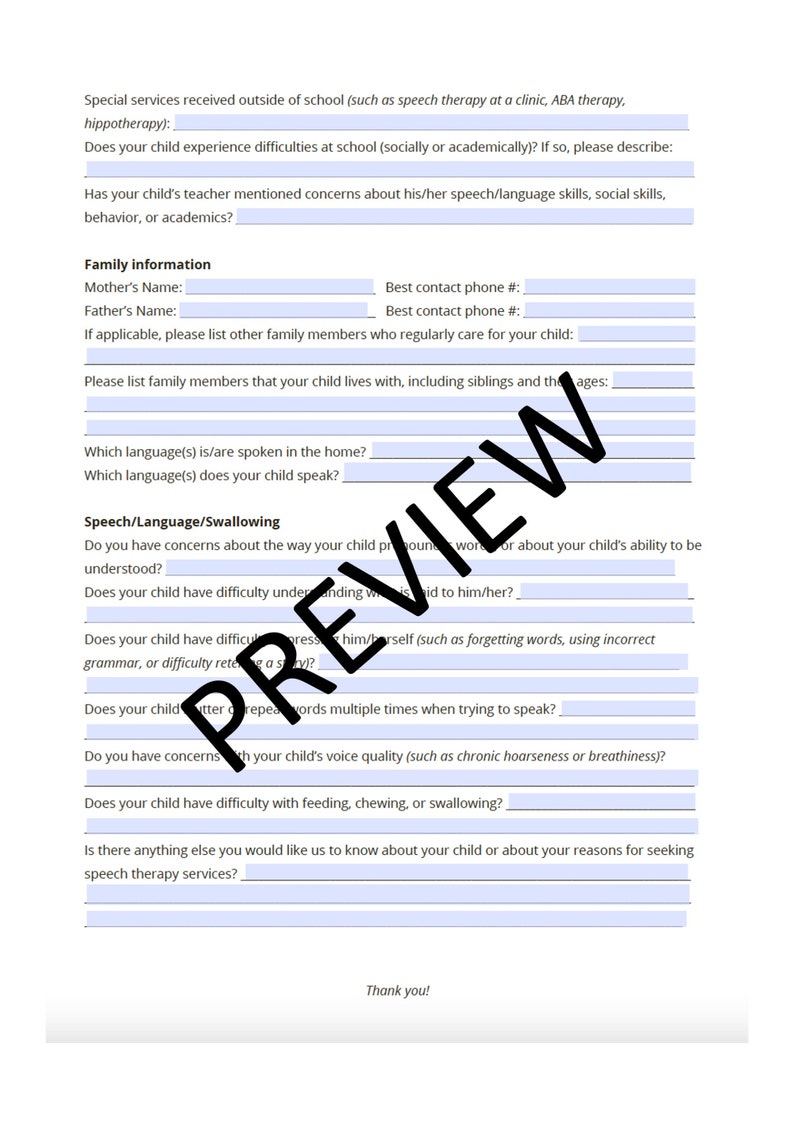 Speech Therapy Intake Form - Child | Editable, Fillable, Printable - Etsy