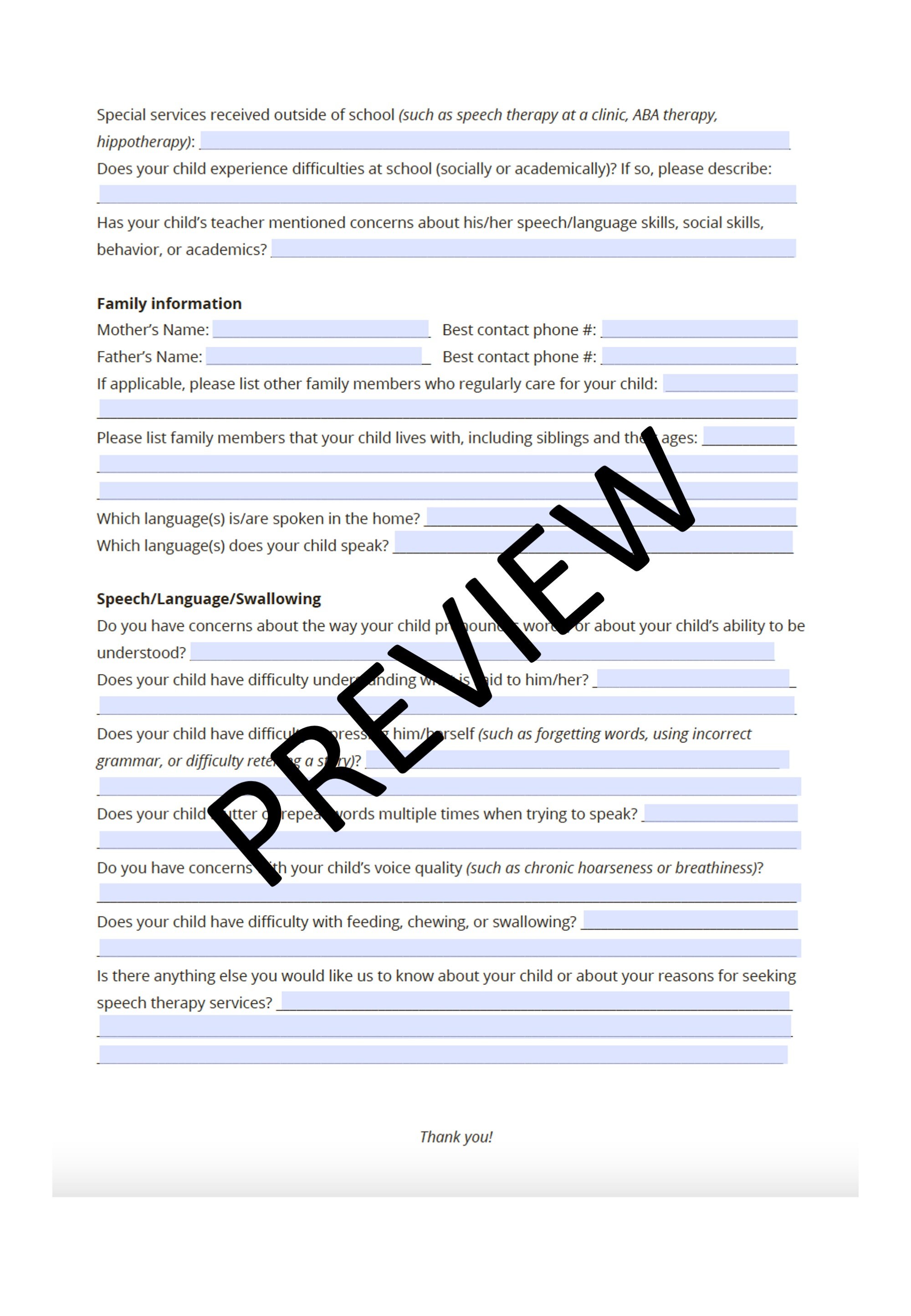 Speech Therapy Intake Form - Child | Editable, Fillable, Printable - Etsy