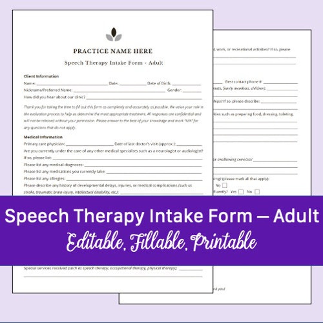 Speech Therapy Intake Form for Adults Editable Fillable - Etsy