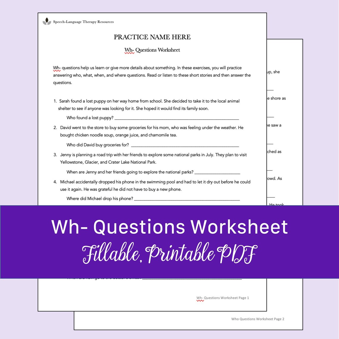 Wh- Questions Speech Therapy Worksheet | Fillable, Printable PDF - Etsy
