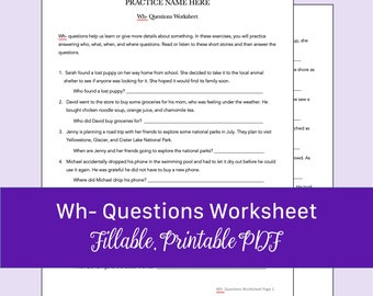 WH- Questions for Reading Comprehension Worksheet for Speech Therapy ...