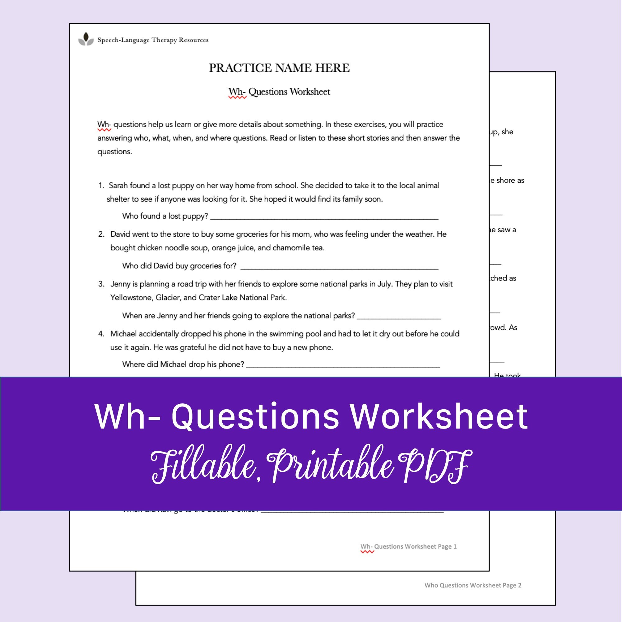 Wh Questions Speech Therapy Worksheet Fillable, Printable PDF - Etsy