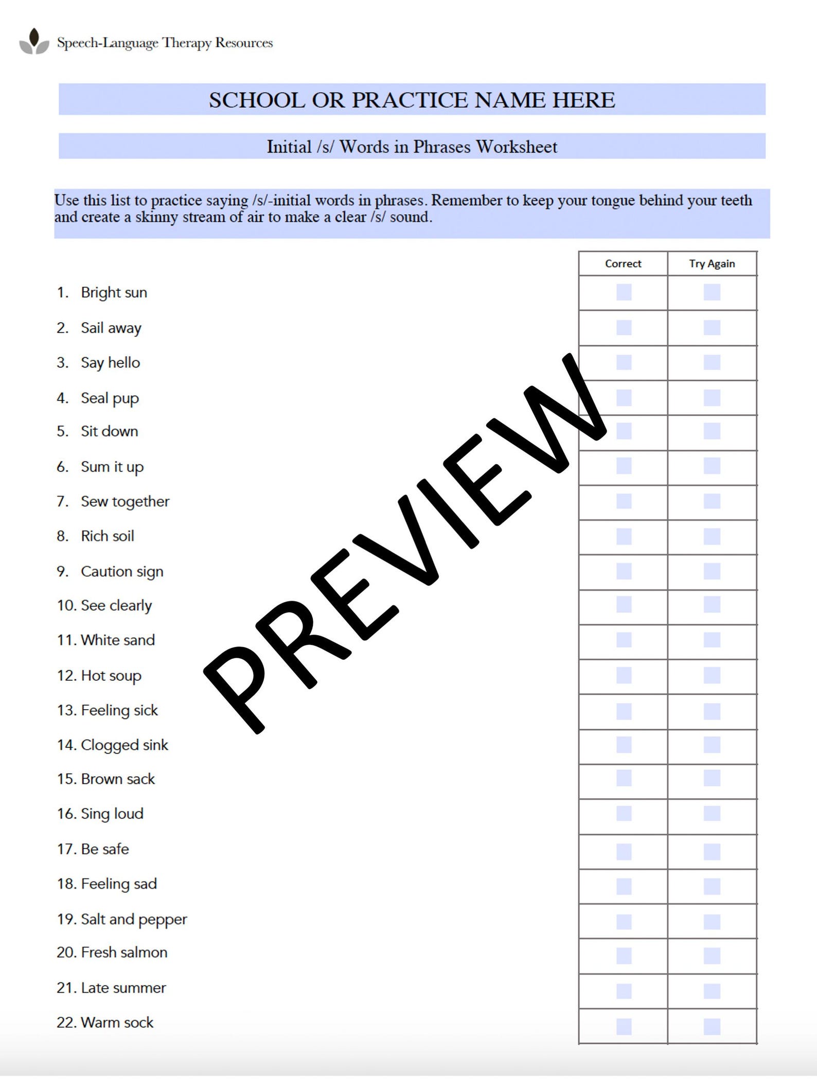 Initial /s/ Words in Phrases Worksheet for Speech Therapy | Printable ...
