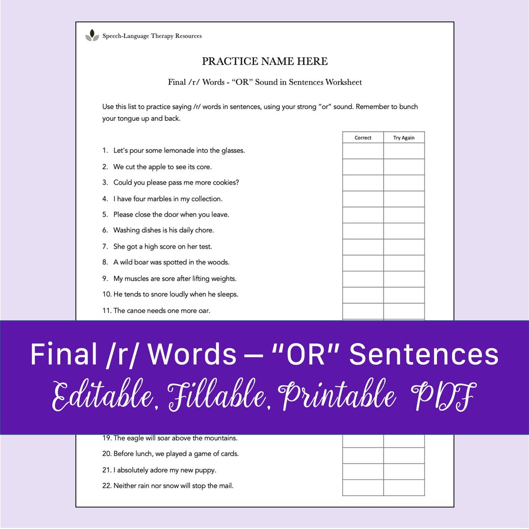 Final /r/ Words - "or" Sound in Sentences Worksheet for Speech Therapy ...