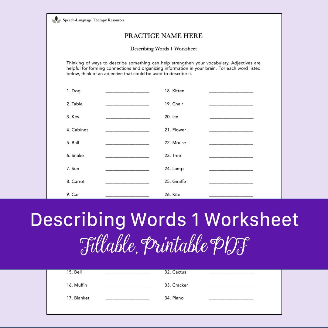 Describing Words Level 1 Worksheet for Speech Therapy | Fillable ...