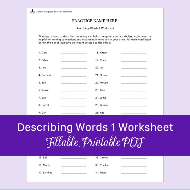 Describing Words Level 1 Worksheet for Speech Therapy | Fillable ...