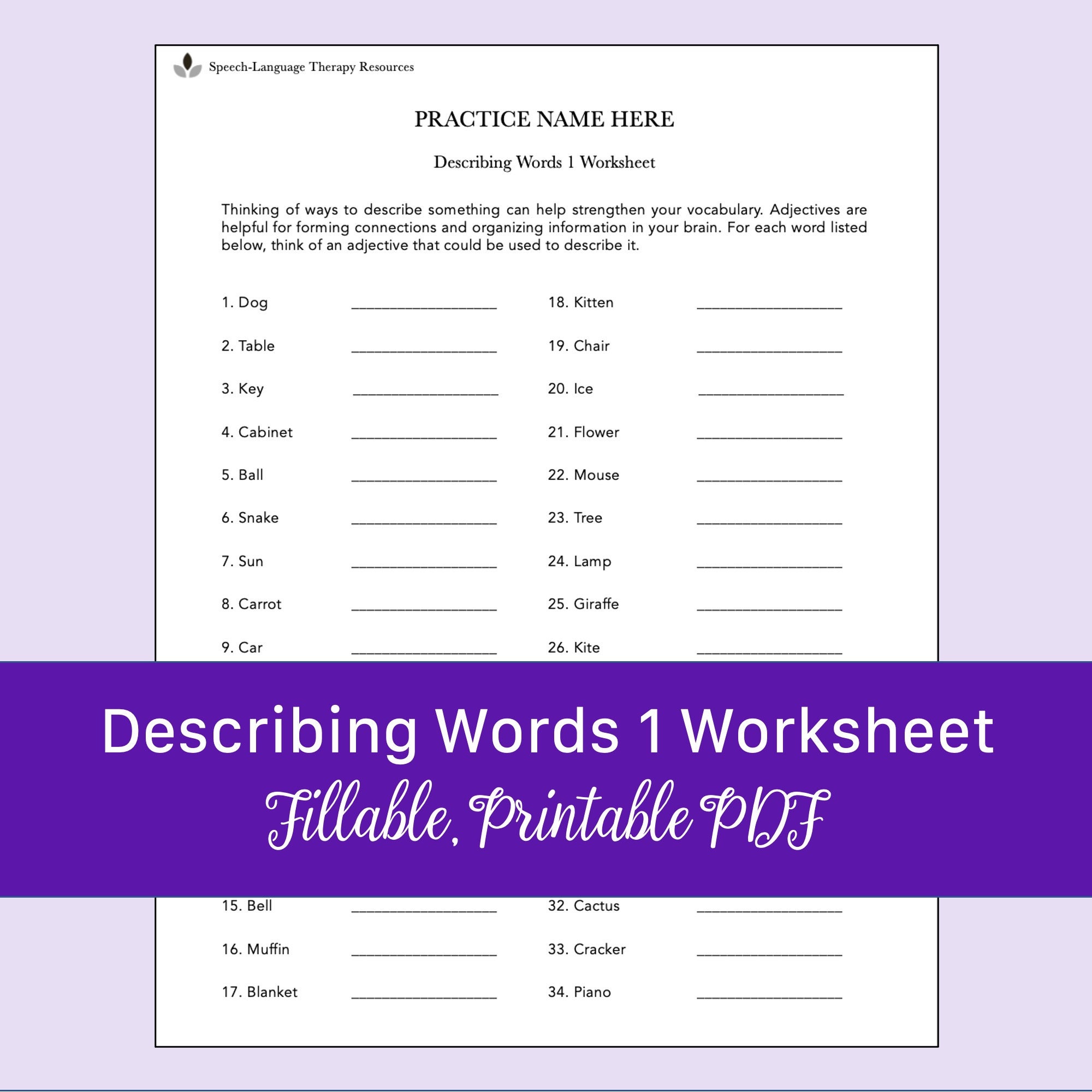 Describing Words Level 1 Worksheet for Speech Therapy | Fillable ...