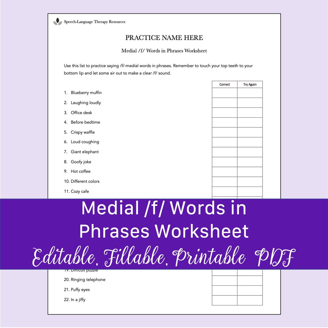 Medial /f/ Words in Phrases Worksheet for Speech Therapy | Printable ...